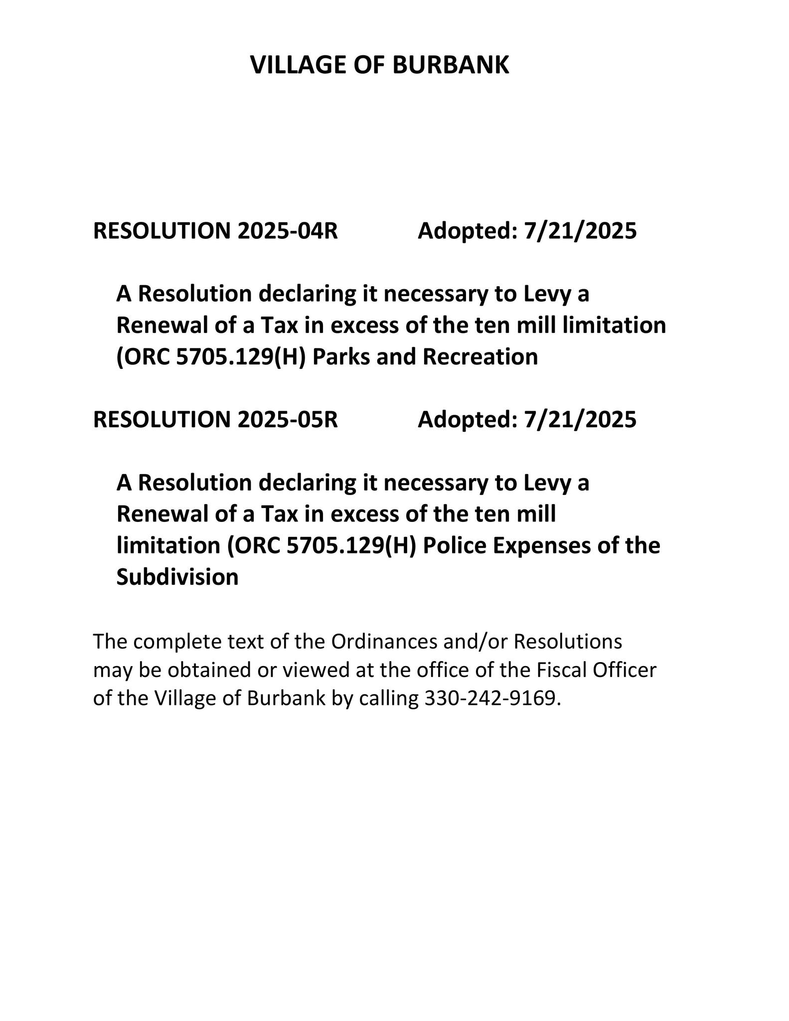 Village of Burbank, Ohio