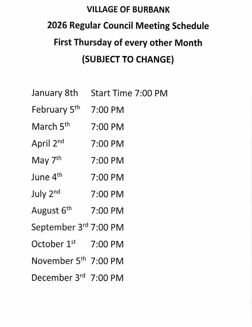 2026 Regular Meeting Schedule – Village of Burbank, Ohio